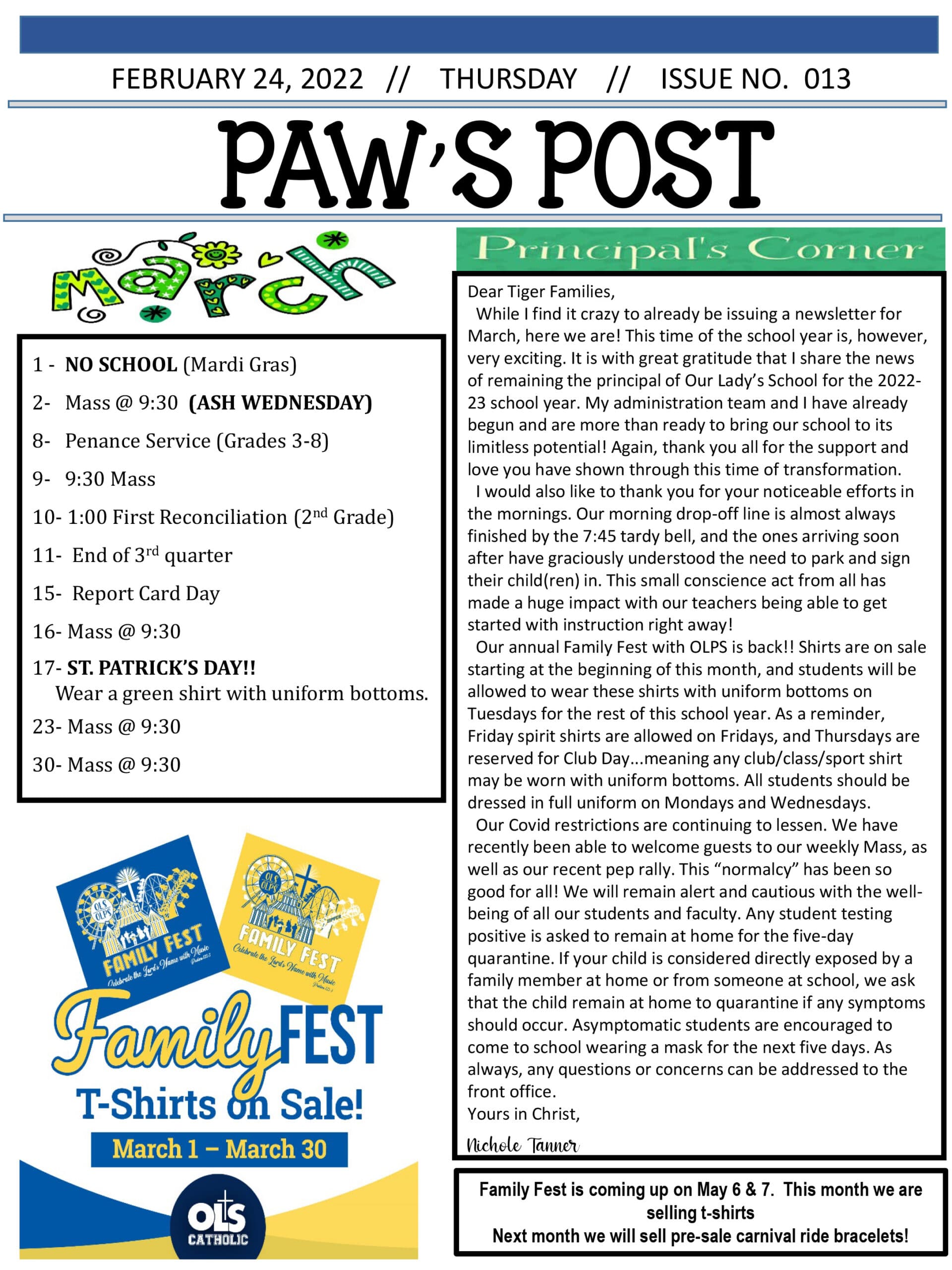 March Paw's Post || February 24, 2022 - Our Lady's School